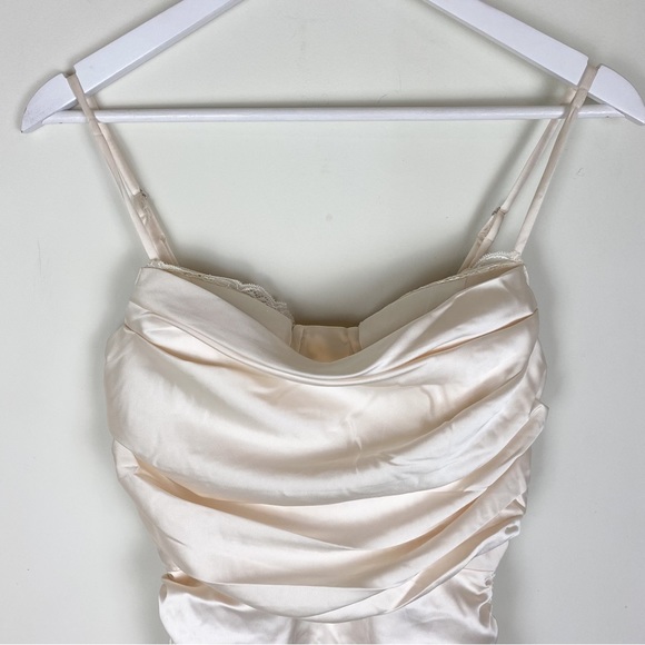 DFAY | Dresses | Dfay Lace Trim Ruched Satin Mini Dress New With Tags ...